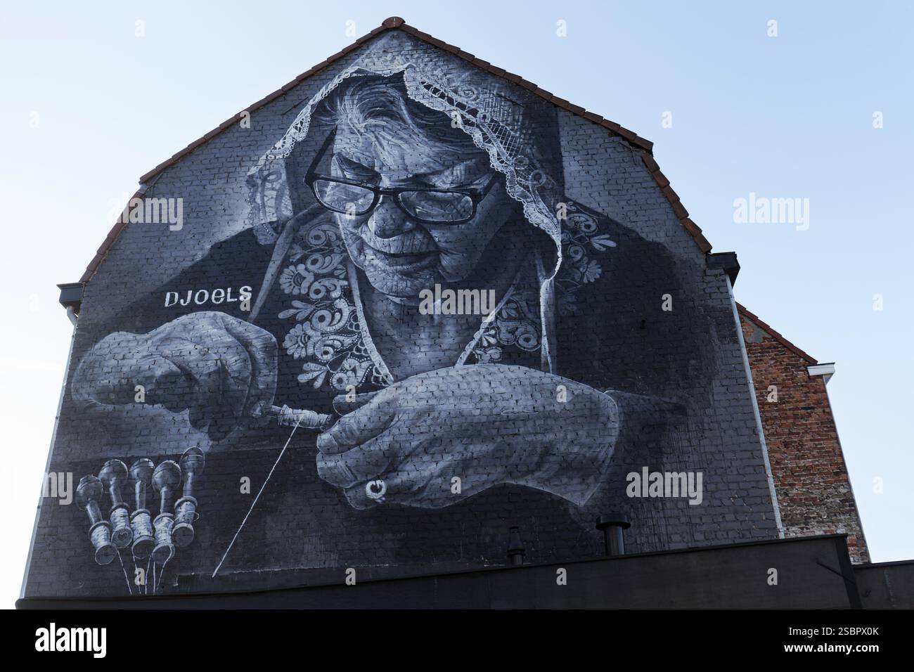 Mural Lace maker with lace bonnet at work, realistic mural in black and ...