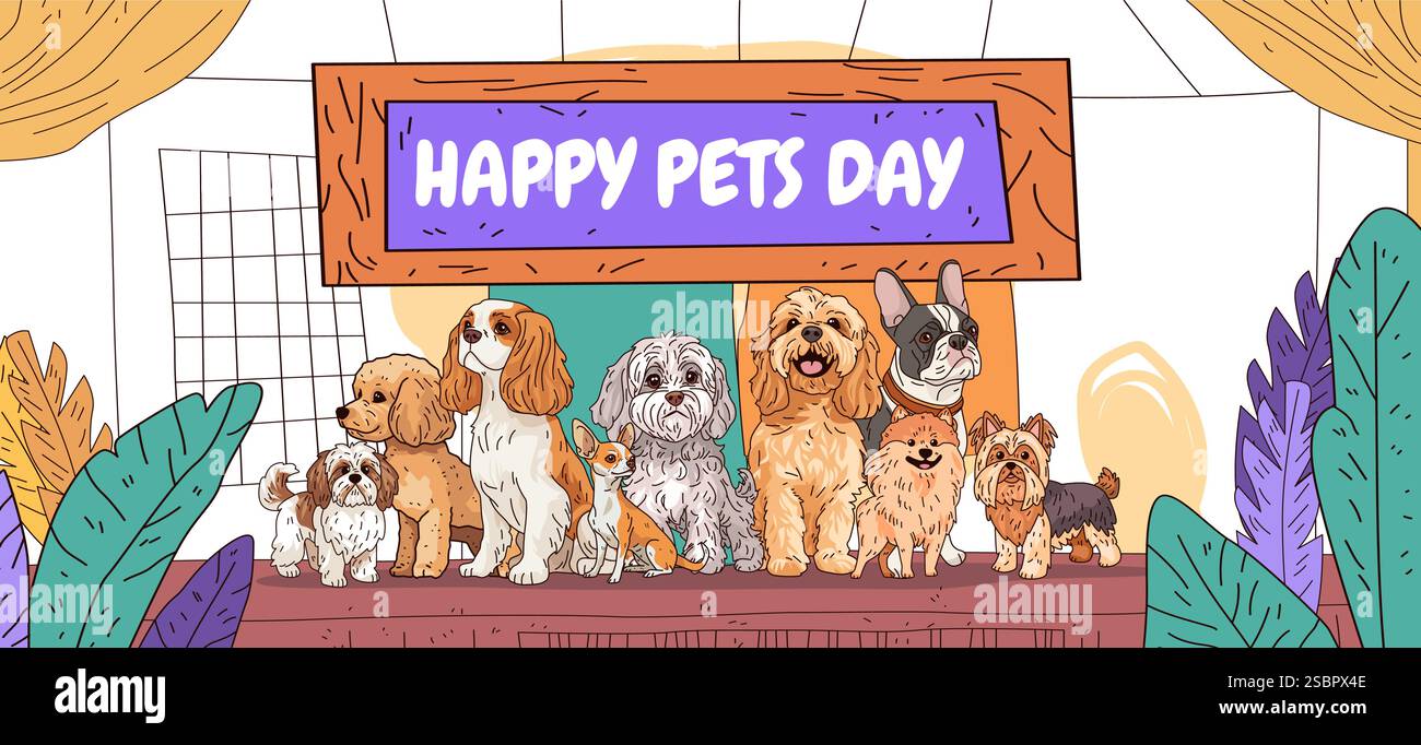 Dogs celebration diverse breeds joyful gathering colorful background ...
