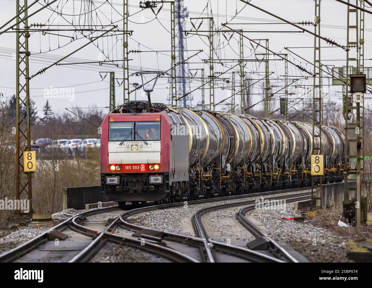 Goods train travelling on the winding Schuster Railway, overhead lines ...