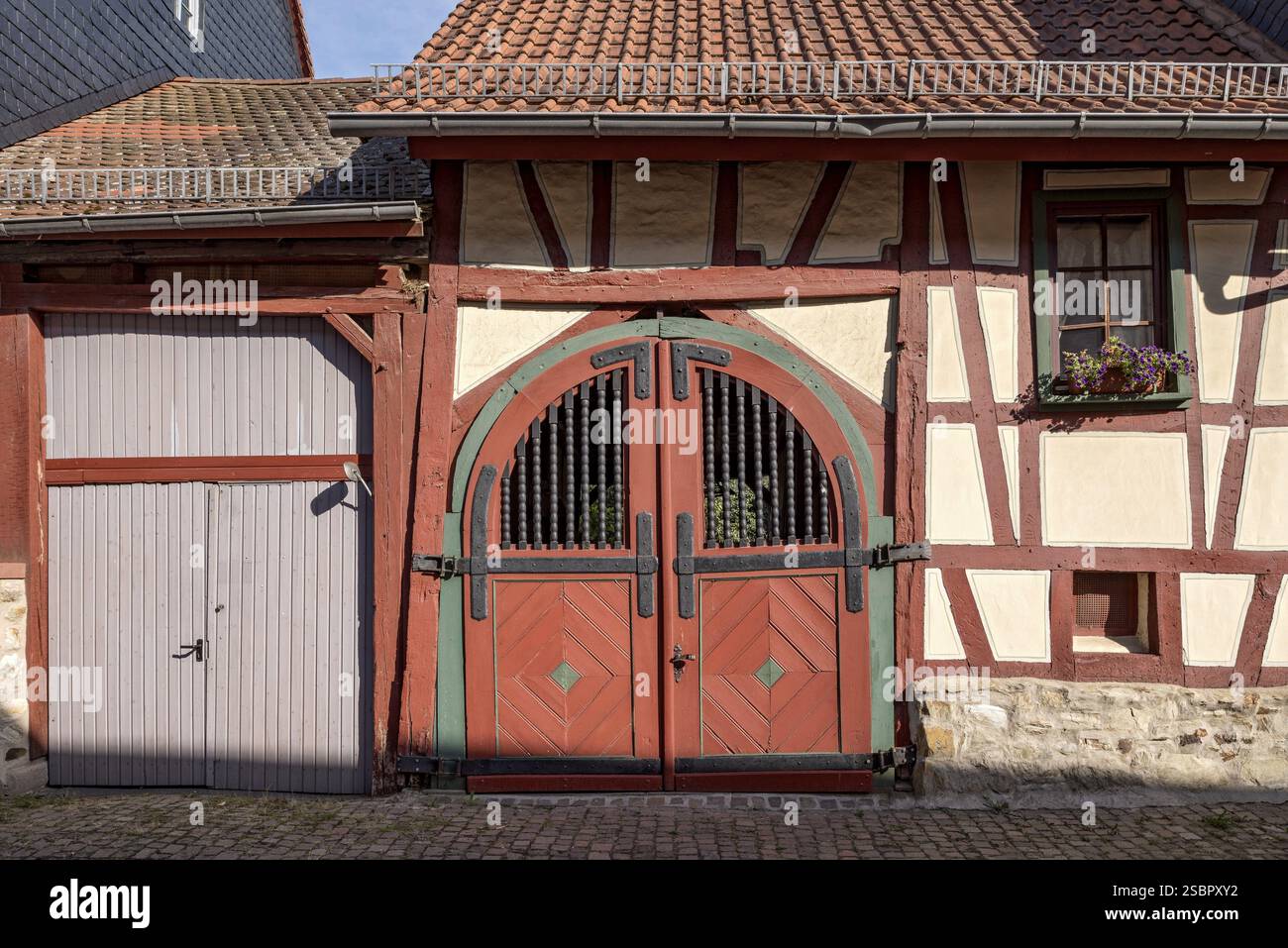 Old farmhouse, farm gate, half-timbered house, restored, renovated ...