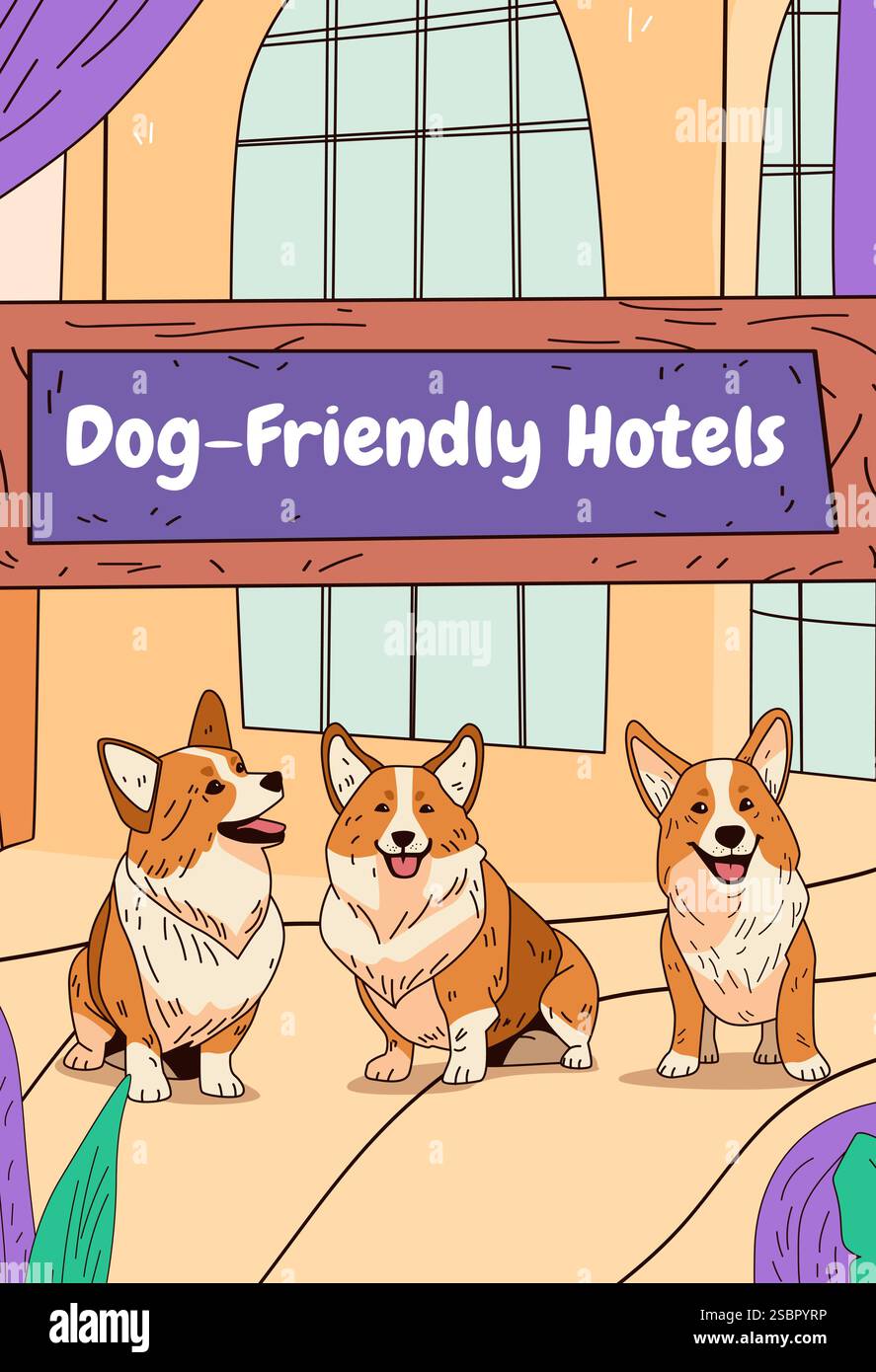 Corgis in dog-friendly hotel lobby with large windows and plants. Three ...