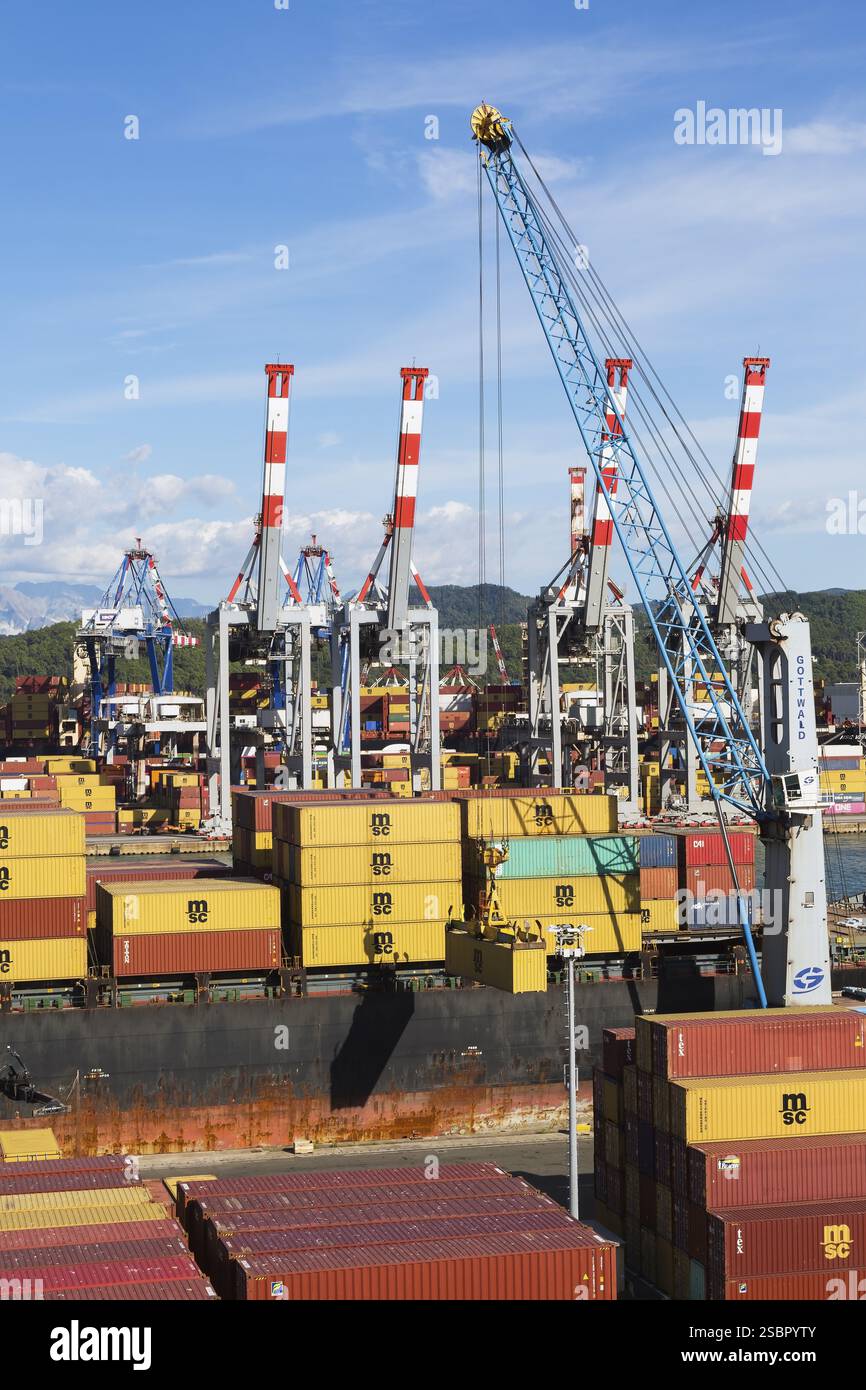 High angle view of stacked MSC, TEX and NileDutch metal box shipping ...