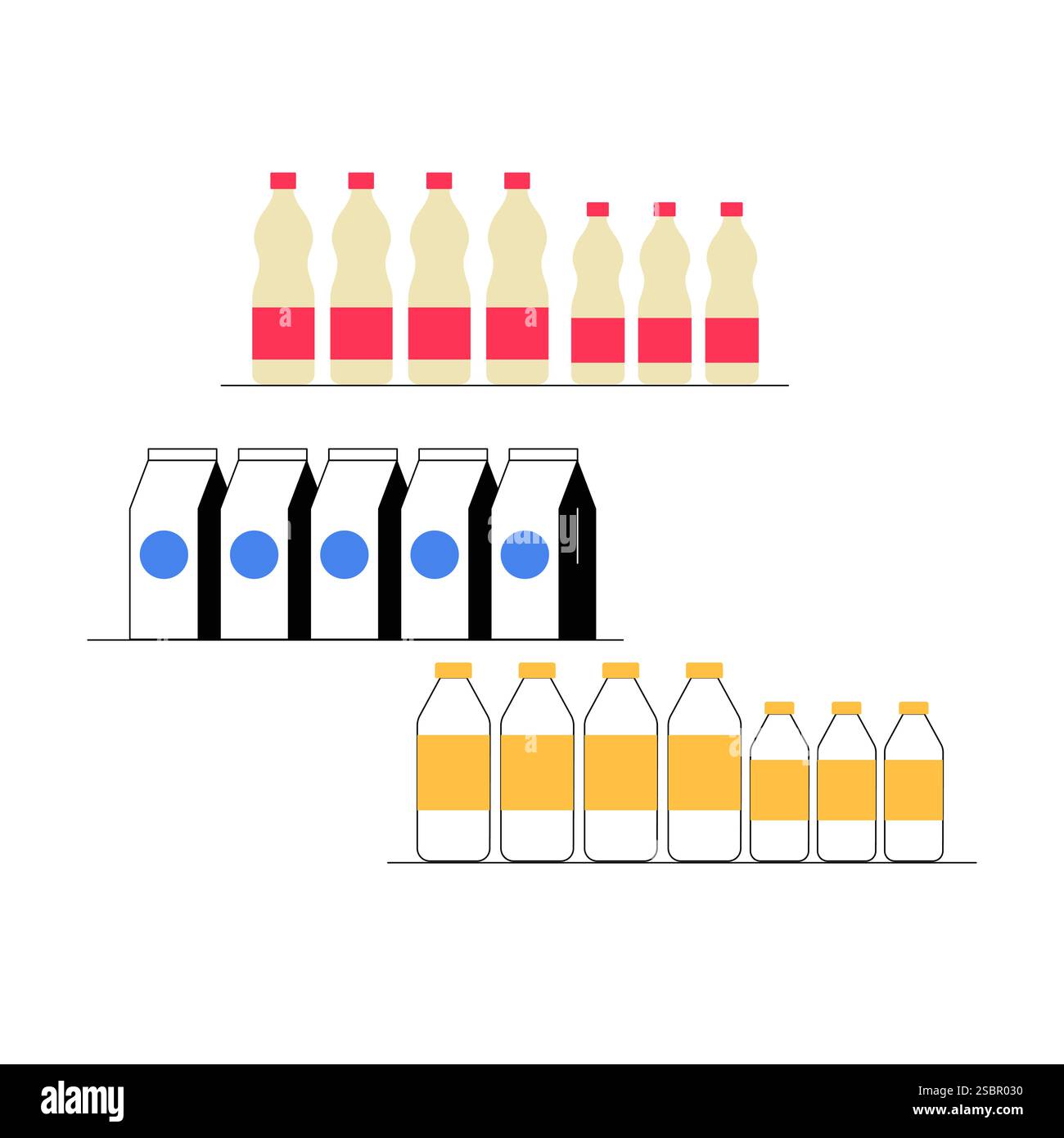 Supermarket Shelves With Bottled And Carton Drinks In Flat Vector ...