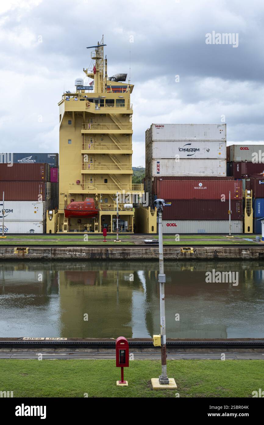 Container ship in lock, Miraflores locks, Panama Canal, Panama City ...