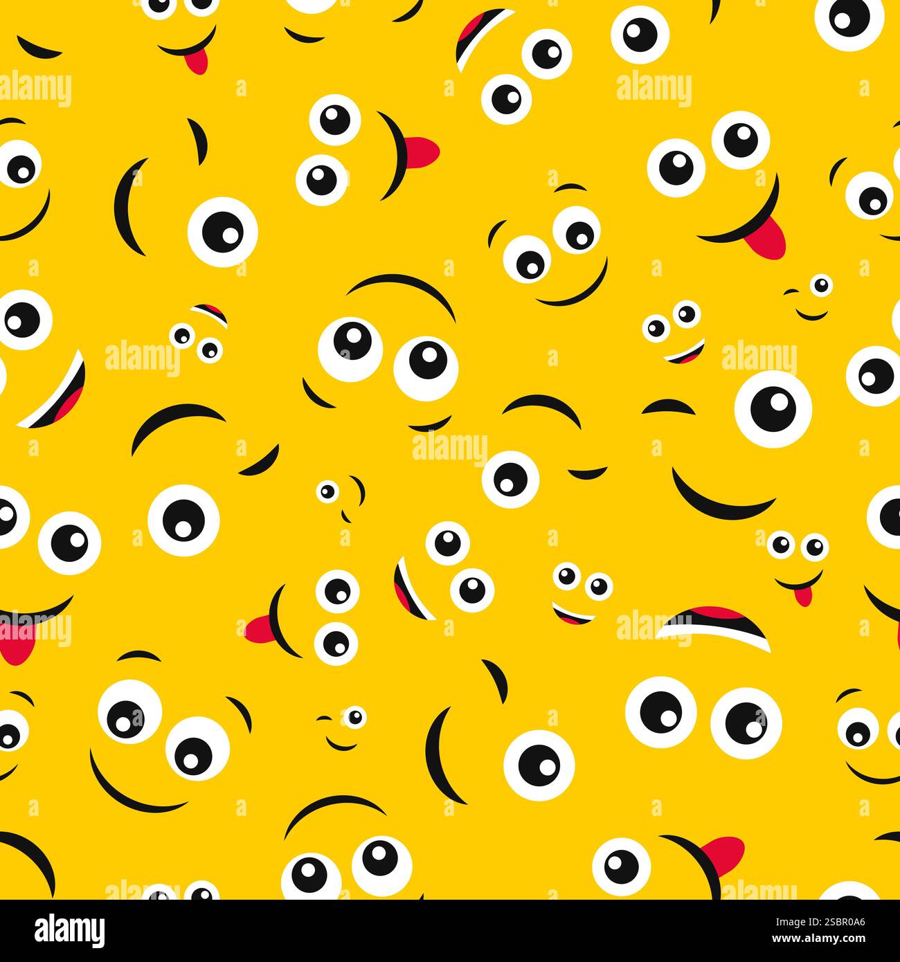 Cartoon faces with emotions. Seamless pattern with different emoticons on yellow background ...