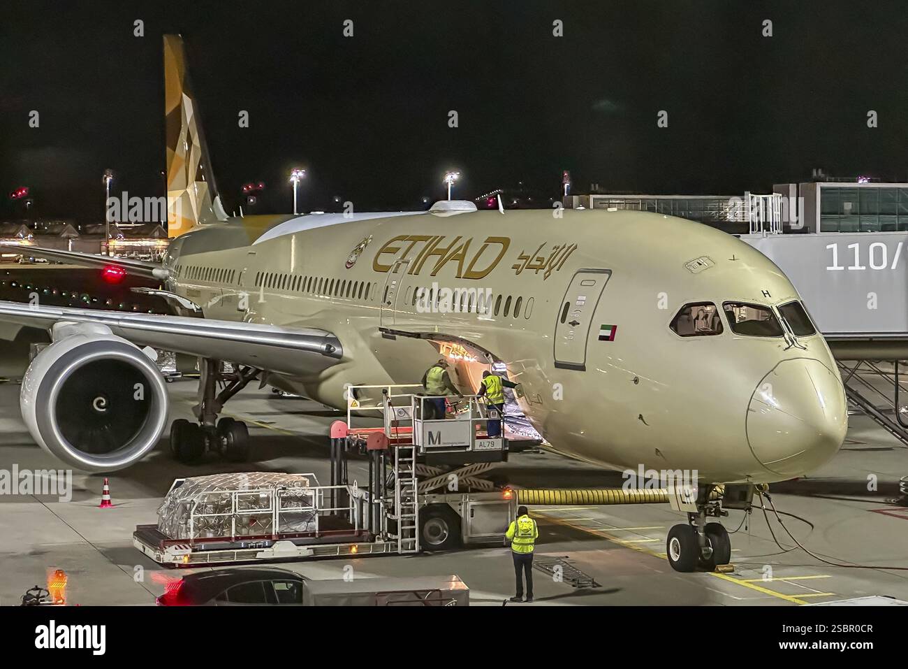 Etihad Boeing 787 aircraft at Munich Airport at night. Munich, Bavaria ...