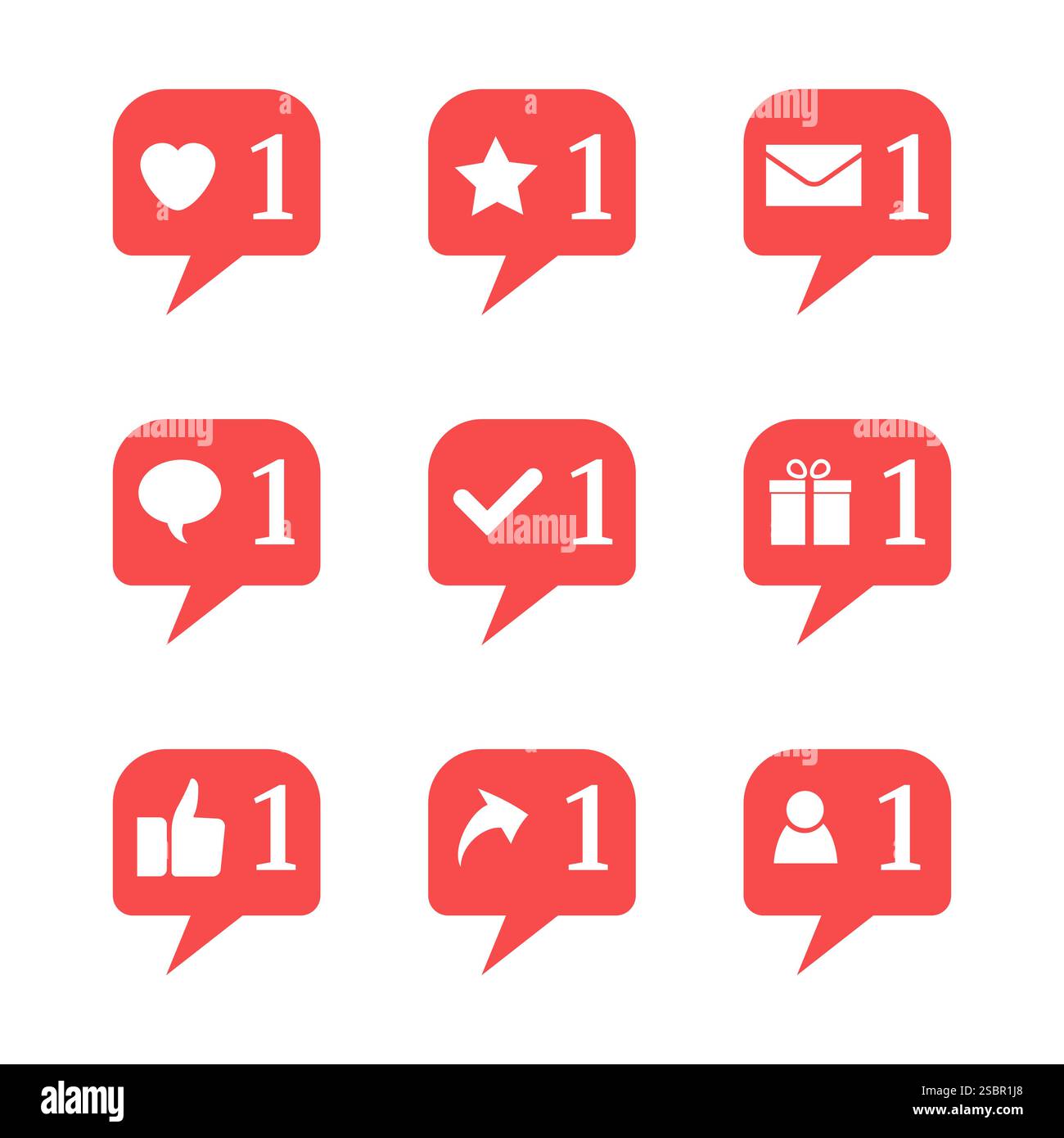 Set of nine notifications in social media. Heart, star, follower ...