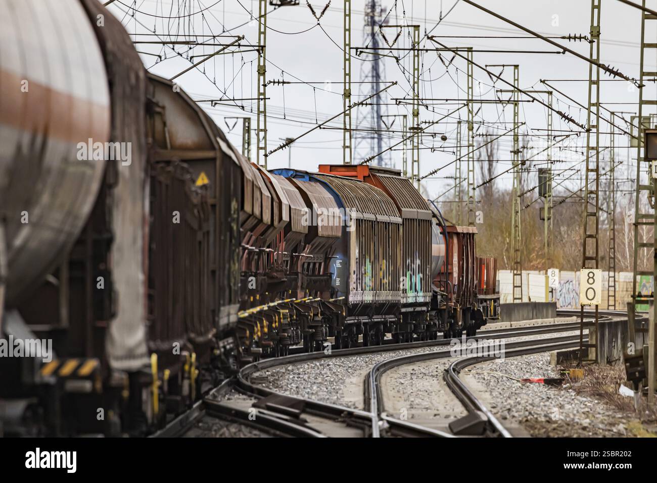 Goods train travelling on the winding Schuster Railway, overhead lines ...