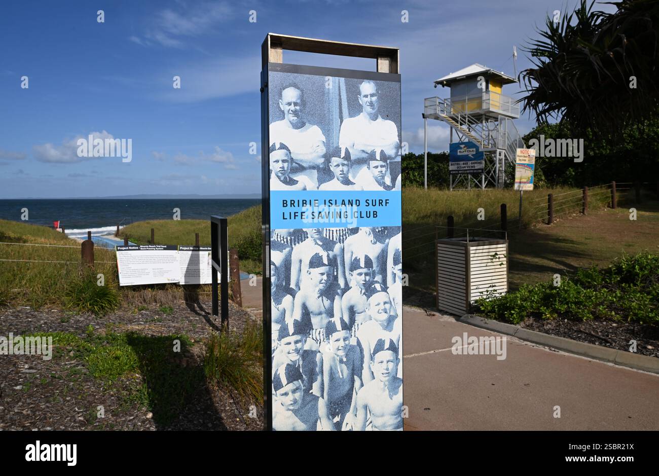 Bribie Island, Australia. 04th Feb, 2025. A sign for Bribie Island Surf ...