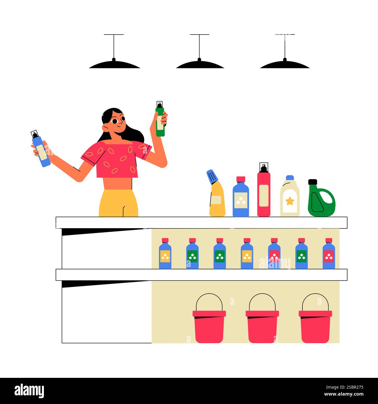 Woman Comparing Products On Store Shelves In Flat Vector Illustration ...