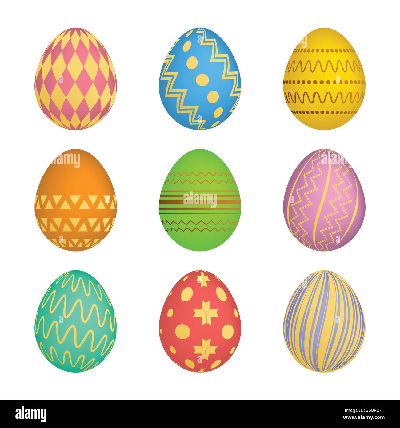Set of Nine Easter eggs with different colorful texture on a white ...
