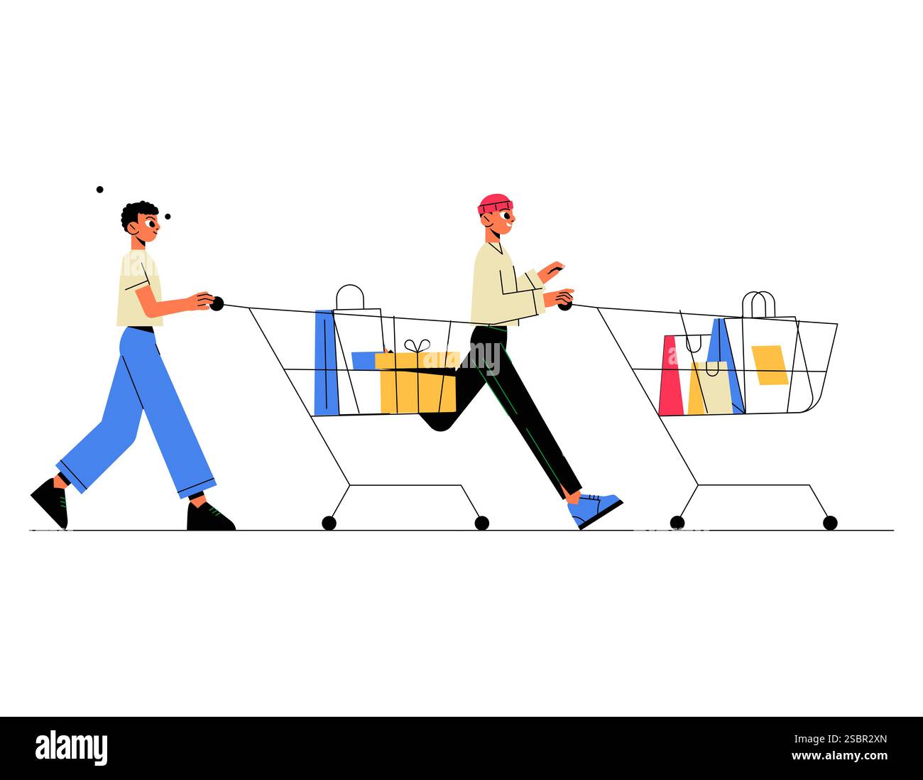 Two People Racing With Shopping Carts In Flat Vector Illustration ...
