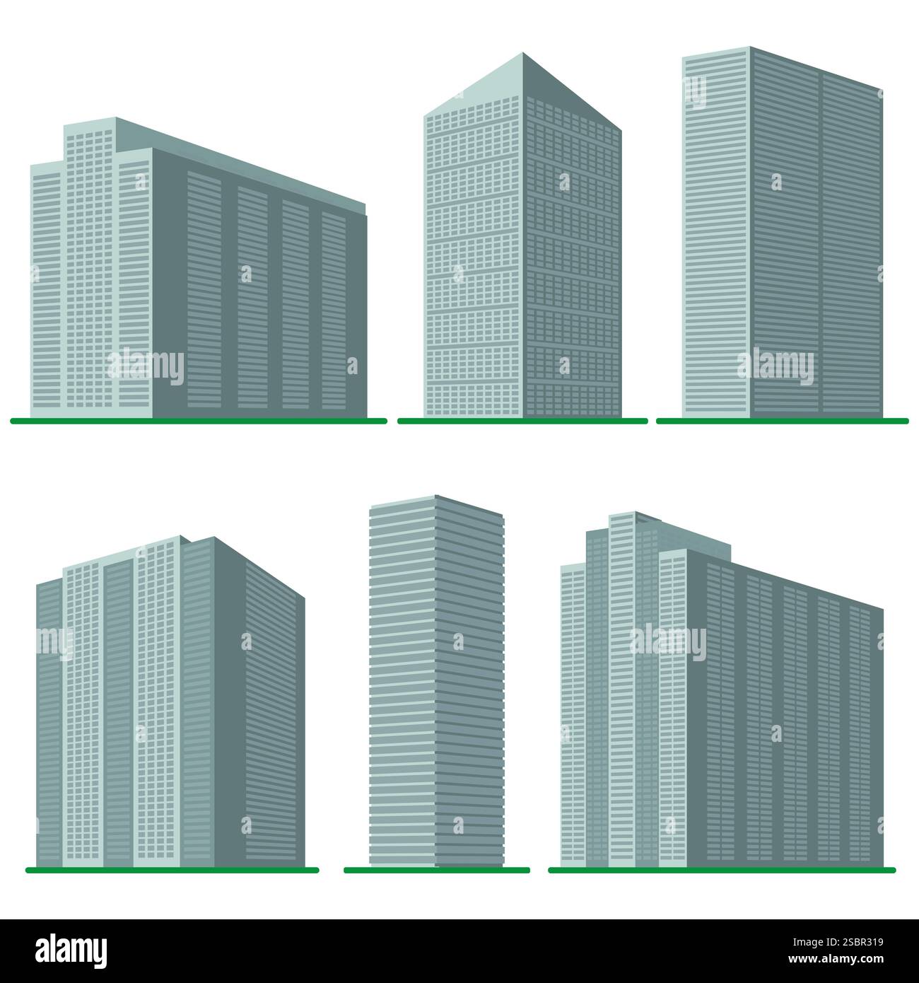 Set of six modern high-rise building on a white background. View of the ...
