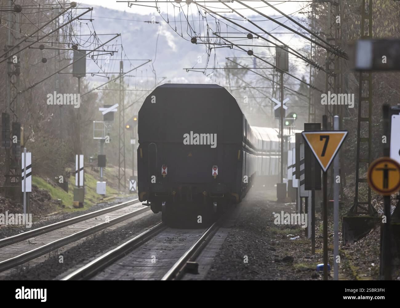 Goods train travelling on the winding Schuster Railway, overhead lines ...