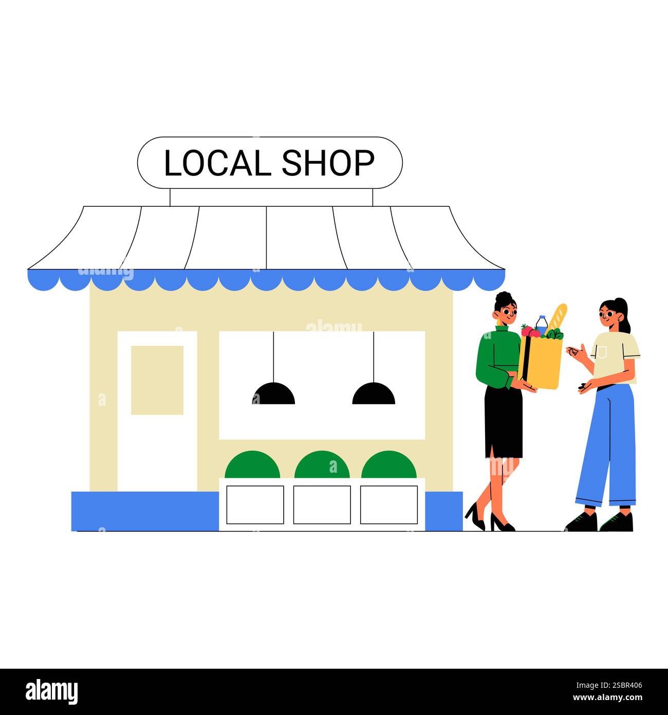 Local Shop Exterior With Female Customer Receiving Grocery Bag From ...