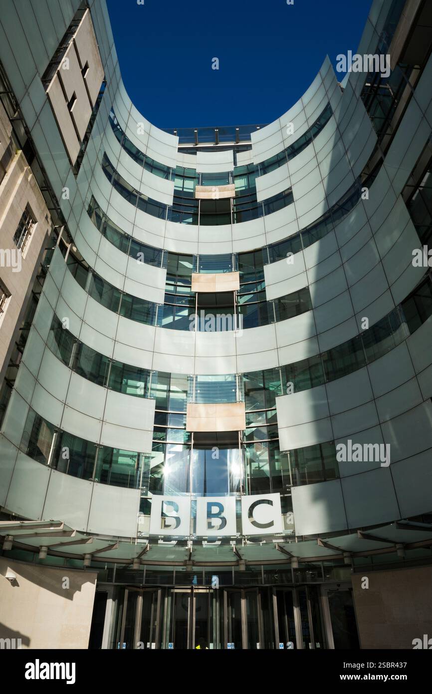 BBC logo letters on glass screen above the entrance door / doors of the ...