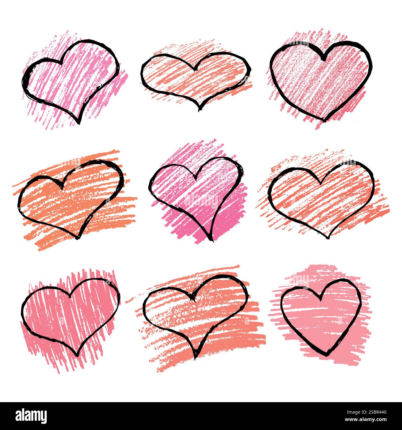 Set of nine Sketch Scribble Hearts on red background. Hand drawn Pencil ...