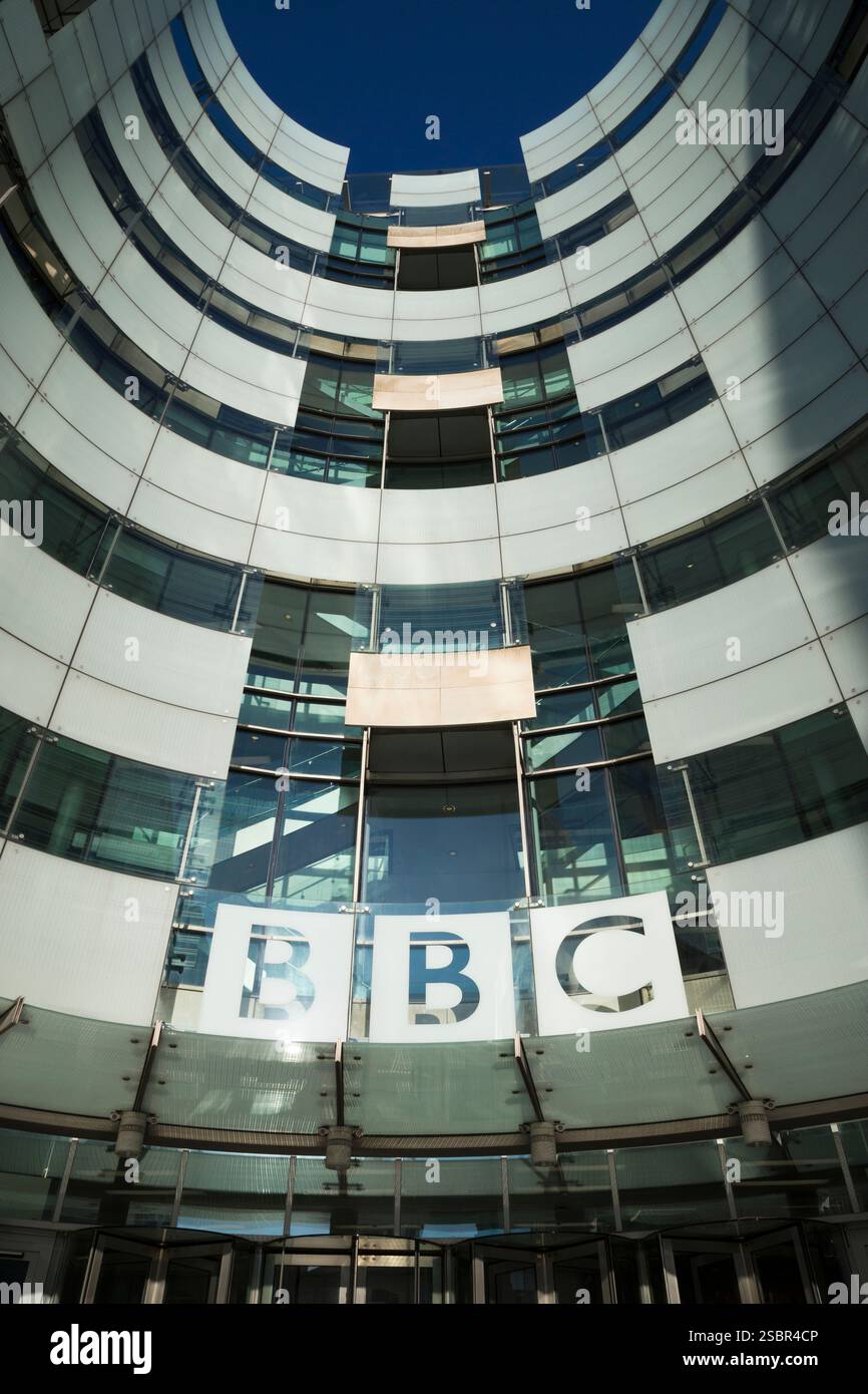 BBC logo letters on glass screen above the entrance door / doors of the ...