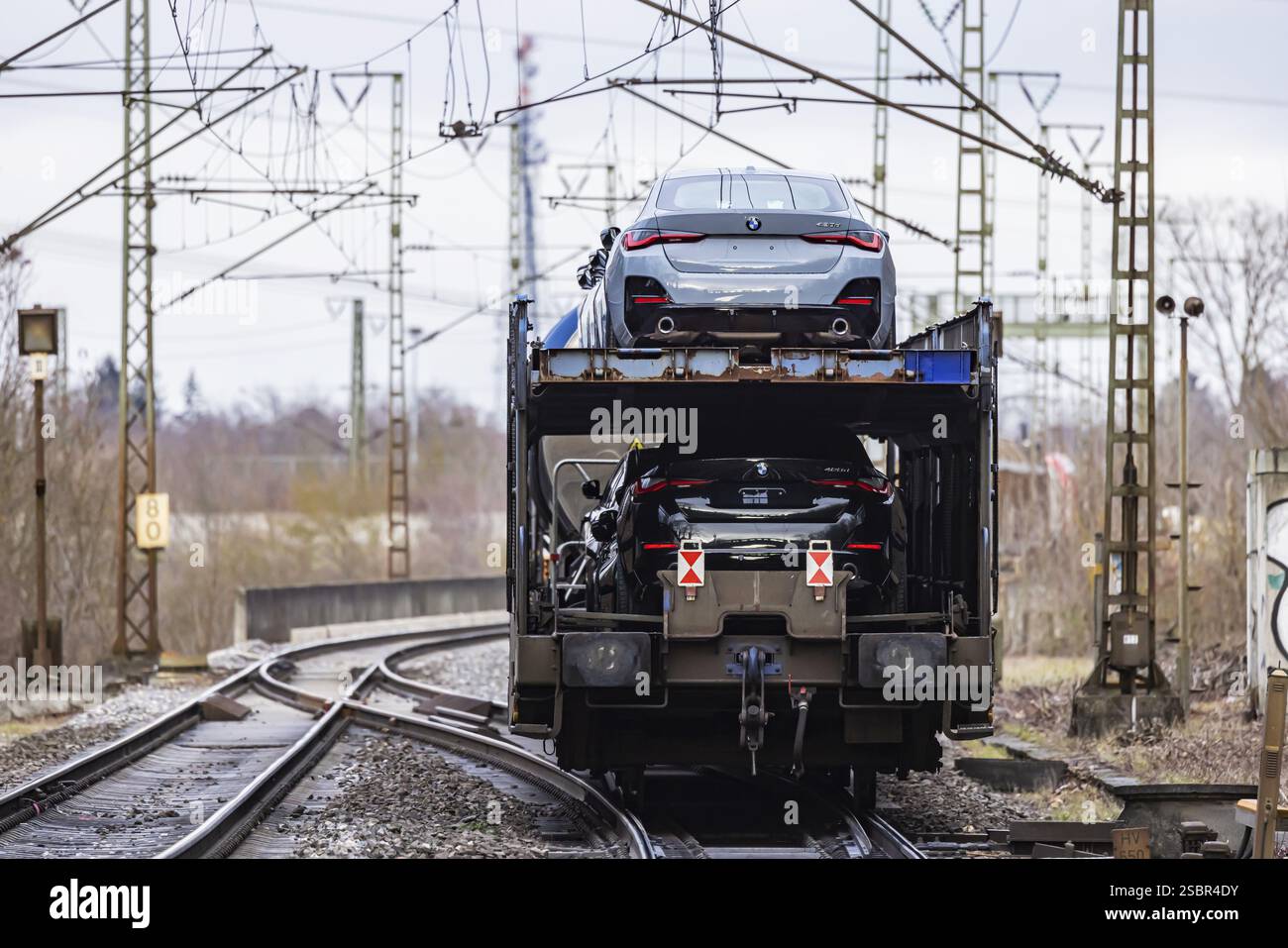 Goods train travelling on the winding Schuster Railway, overhead lines ...