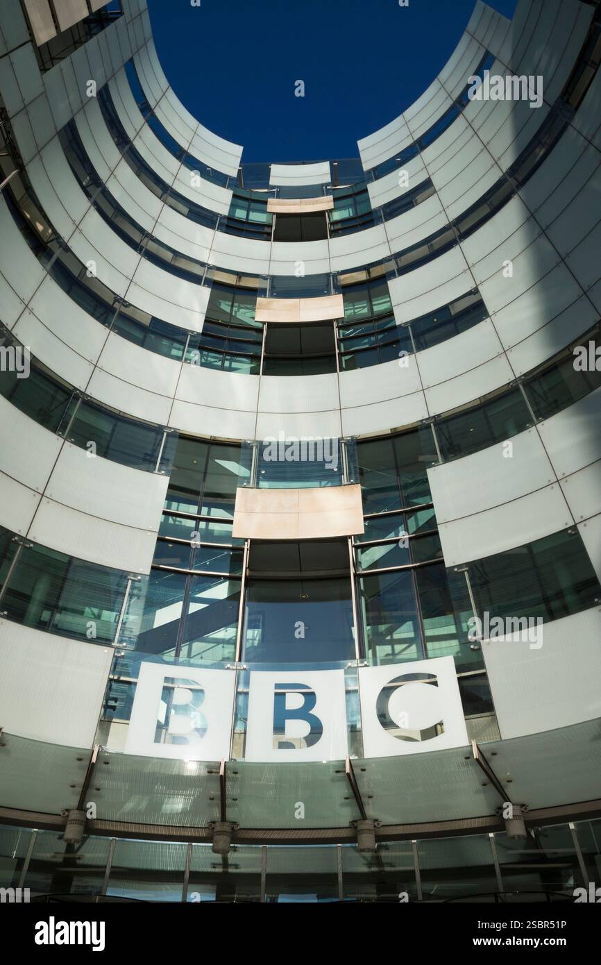 BBC logo letters on glass screen above the entrance door / doors of the ...