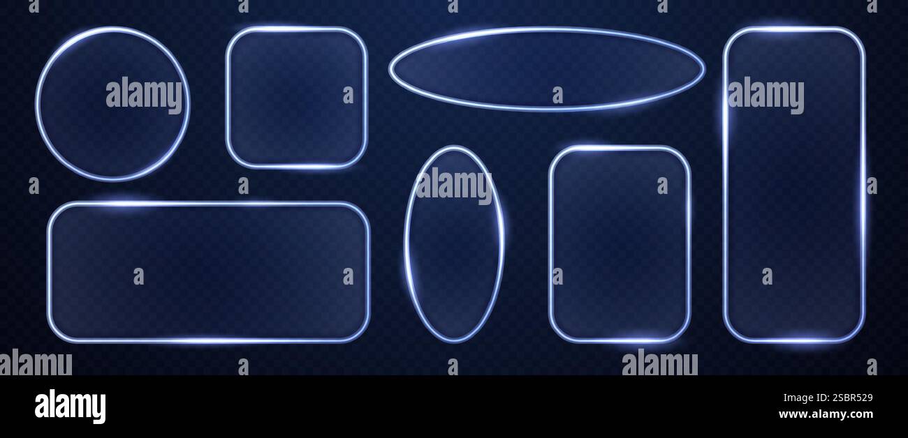 Collection of glass futuristic transparent frames with glowing blue ...