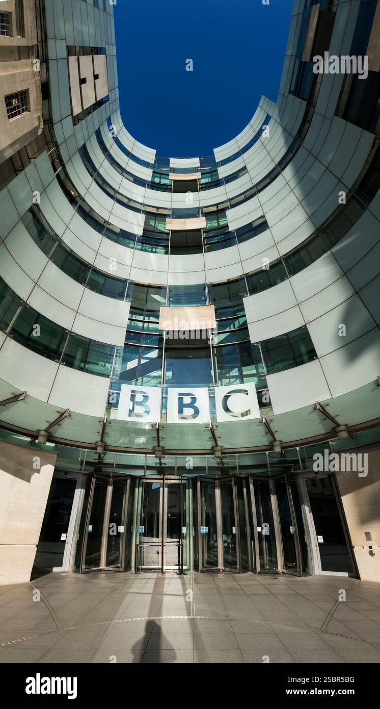 BBC logo letters on glass screen above the entrance door / doors of the ...