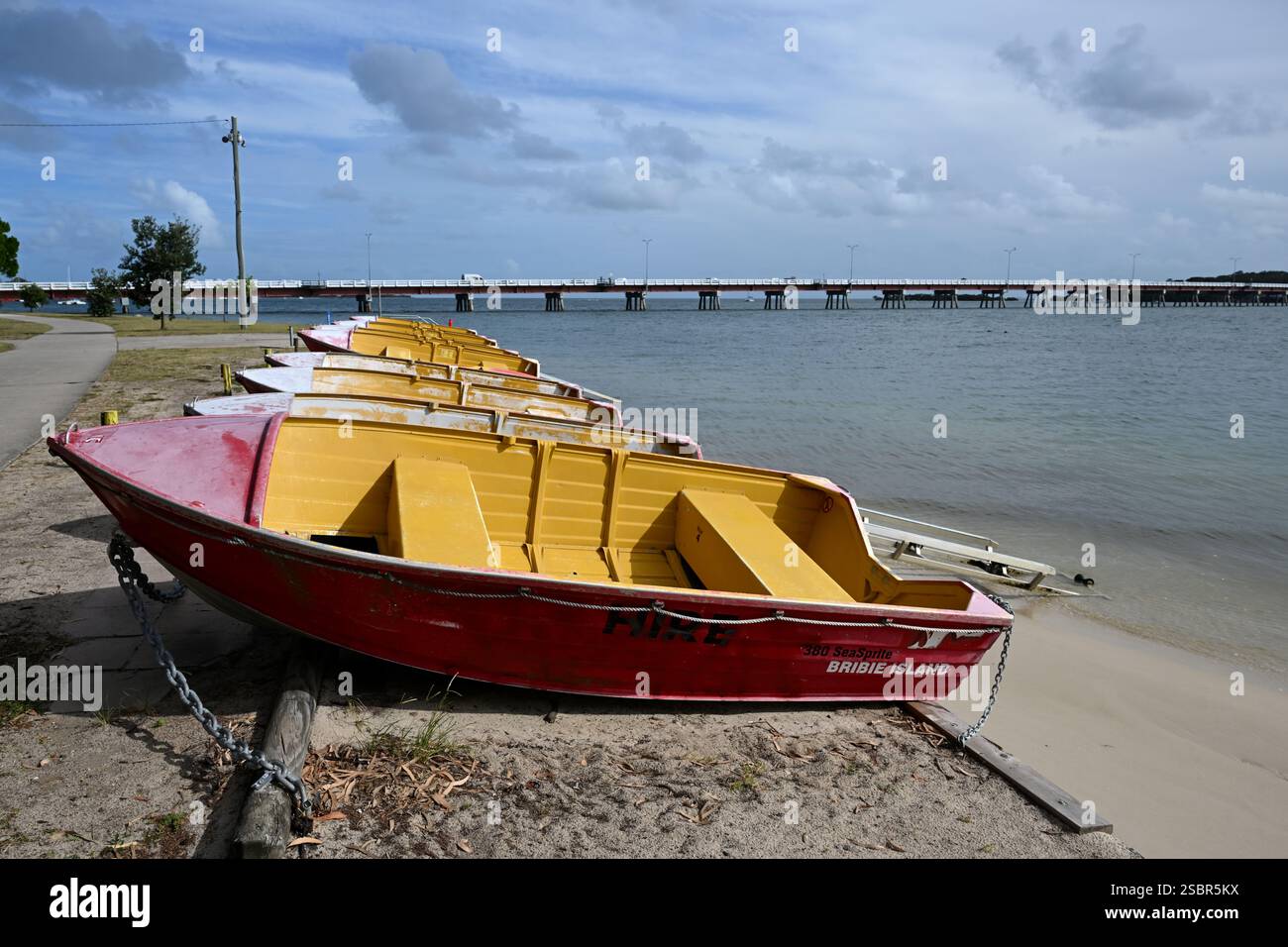 Boats for hire are seen beside the Pumicestone Passage near the Bribie ...