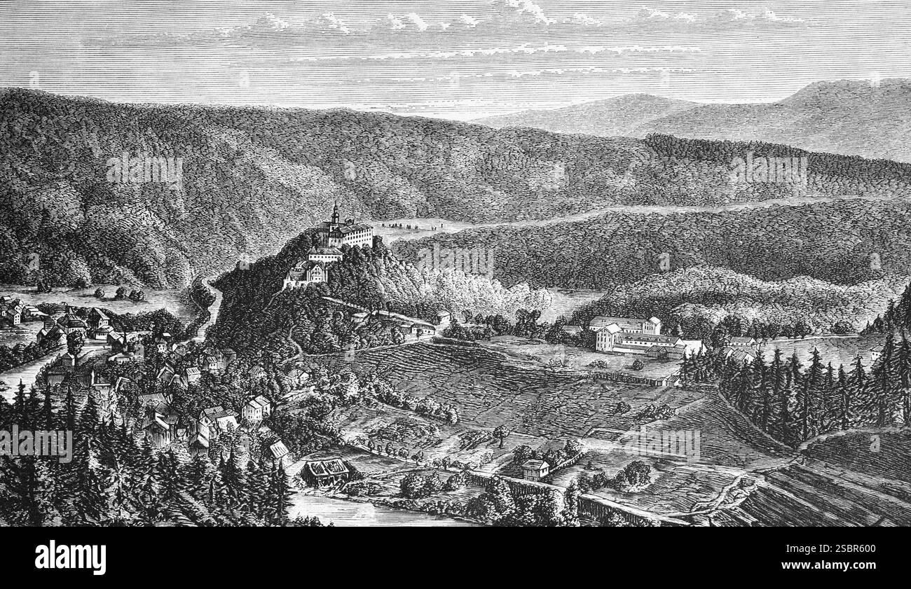 Town view of Schwarzburg on the Schwarza with the castle on the hill ...