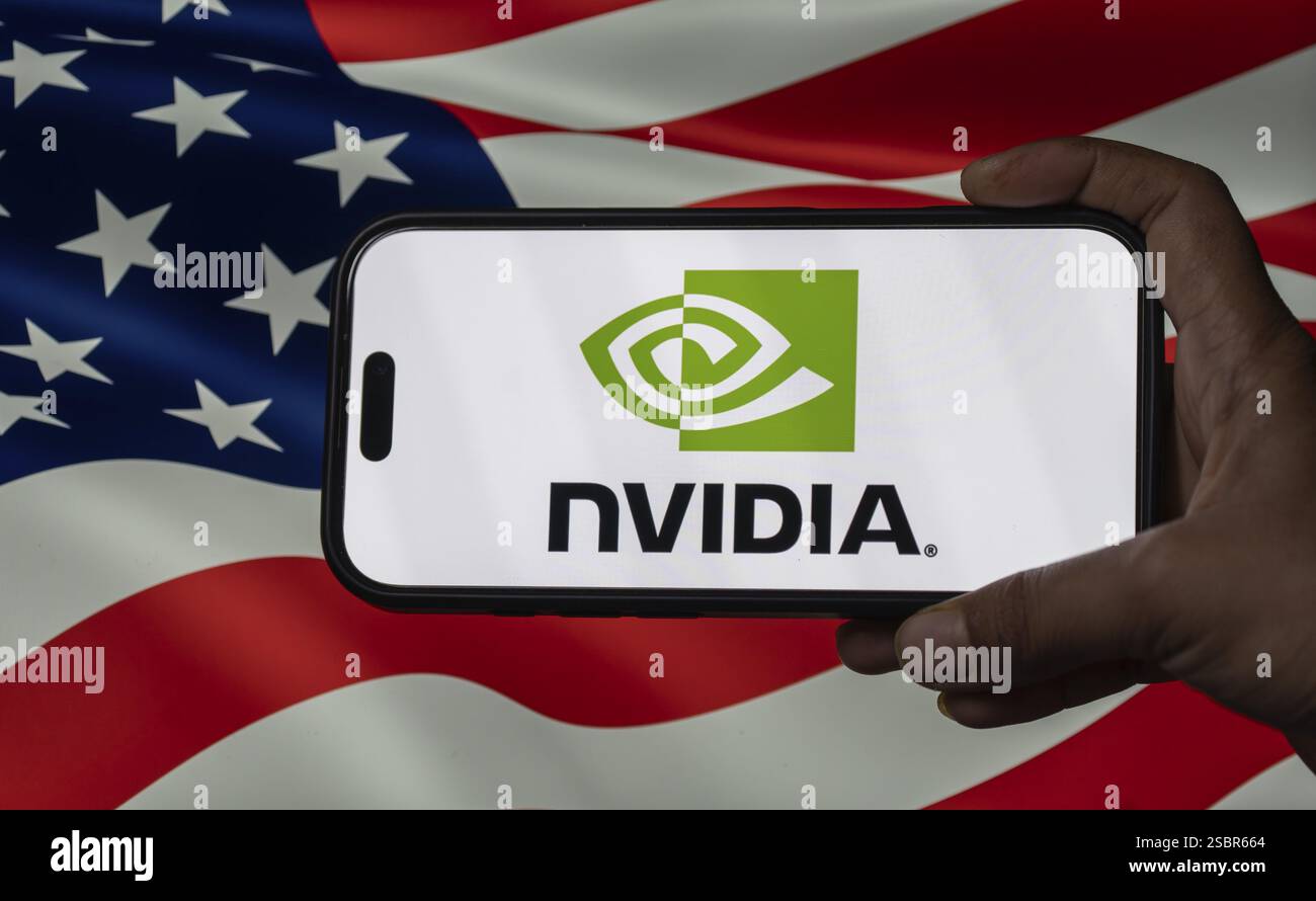 In this photo illustration, the Nvidia Corporation logo is displayed on ...