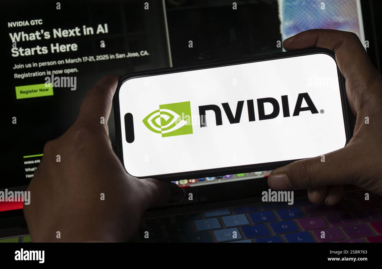 In this photo illustration, the Nvidia Corporation logo is displayed on ...