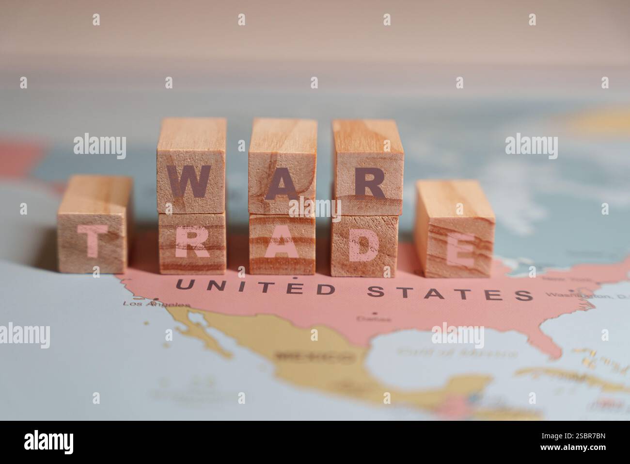 Wooden blocks with words Trade War on USA map. High quality photo Stock ...