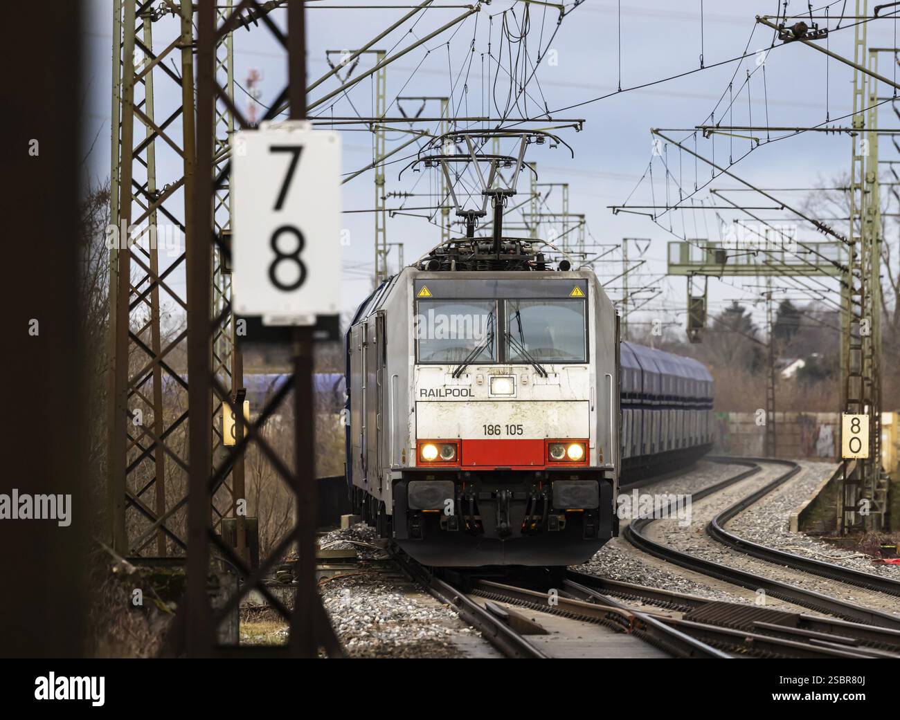 Goods train travelling on the winding Schuster Railway, overhead lines ...