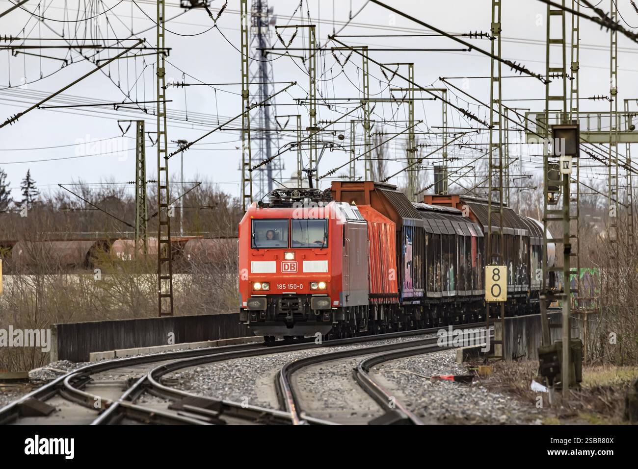 Goods train travelling on the winding Schuster Railway, overhead lines ...