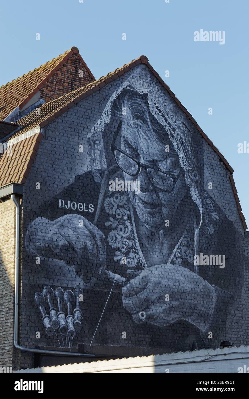 Mural lace maker with traditional lace bonnet, realistic mural in black ...