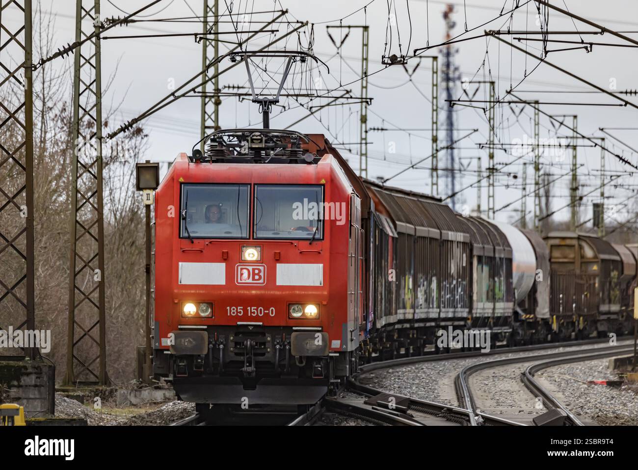 Goods train travelling on the winding Schuster Railway, overhead lines ...