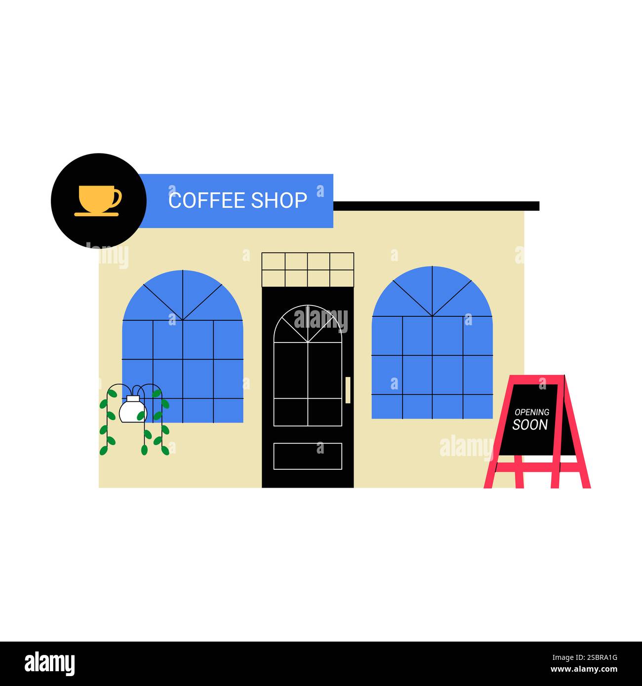 Coffee Shop Exterior With Sign And Outdoor Seating In Flat Vector ...