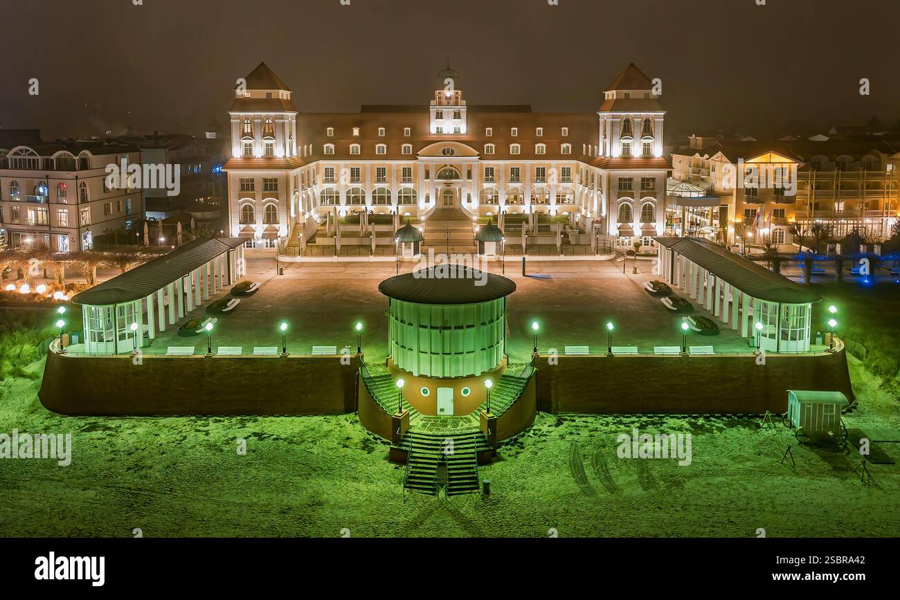 Frontal aerial view of historical building at Beach of Binz at the ...