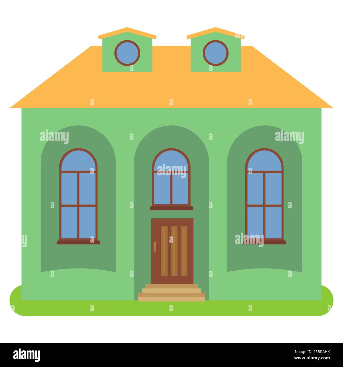 Private house with a yellow roof and green walls on a white background ...