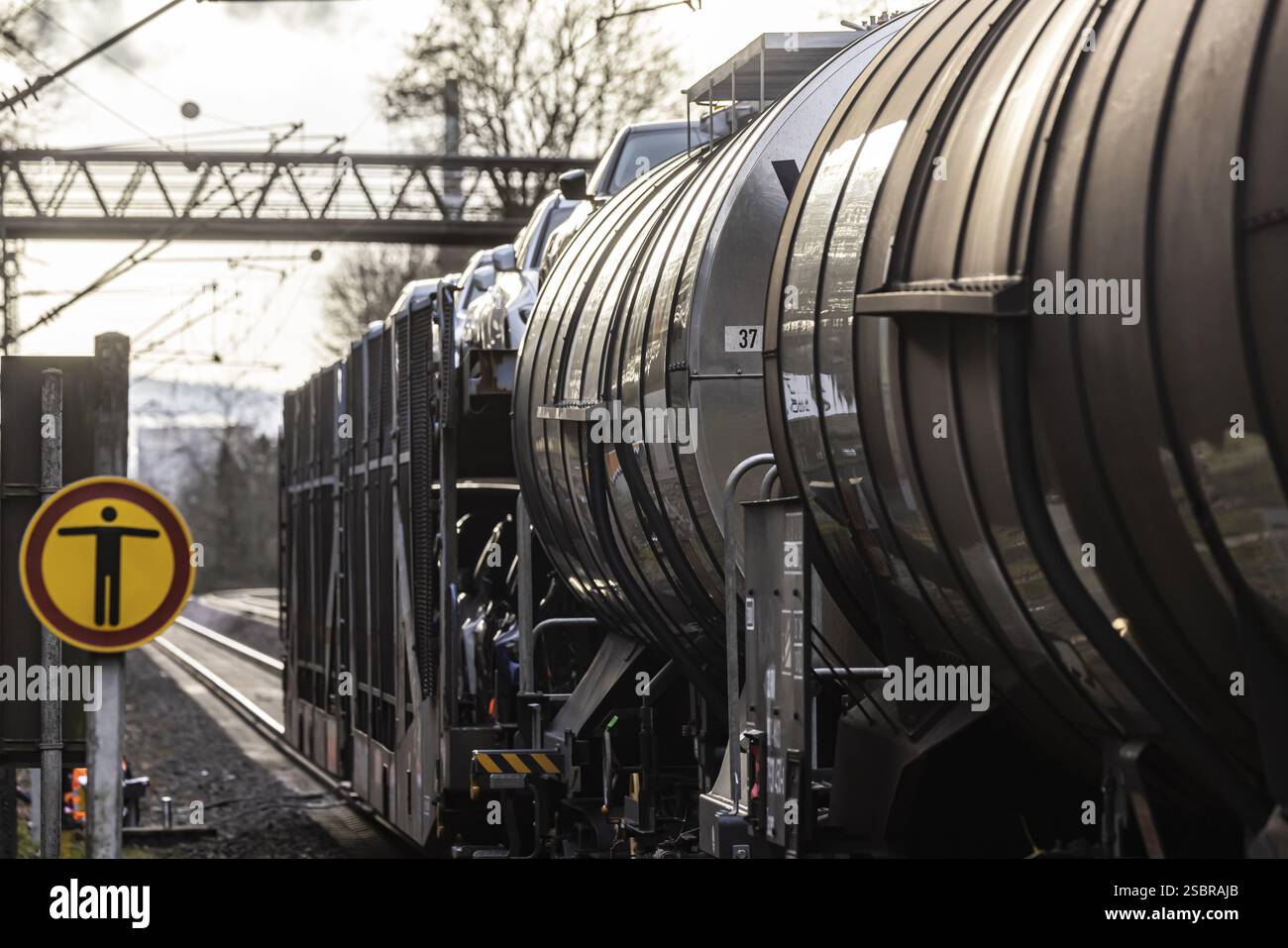 Goods train travelling on the winding Schuster Railway, overhead lines ...