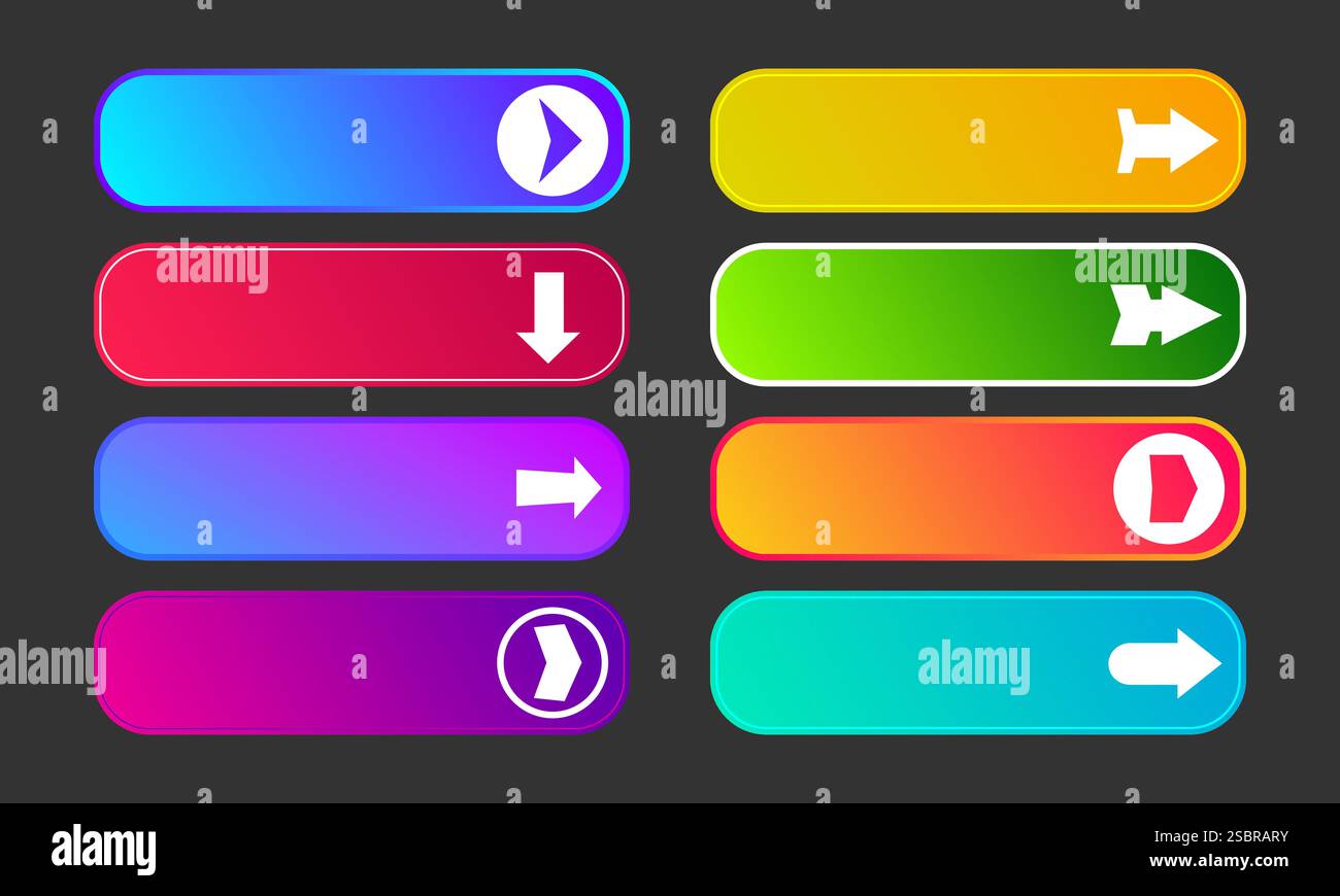Colorful gradient buttons with arrows. Set of eight modern abstract web buttons. Vector ...