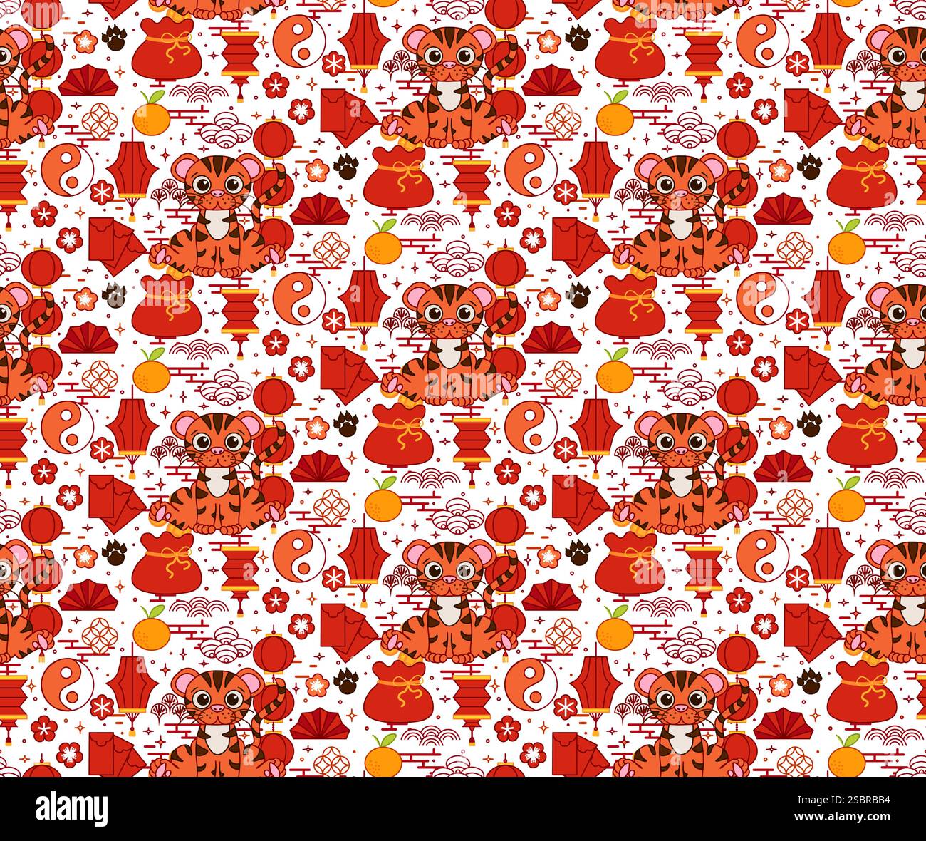 Chinese new year 2034 Tiger elements seamless pattern. Vector graphic ...