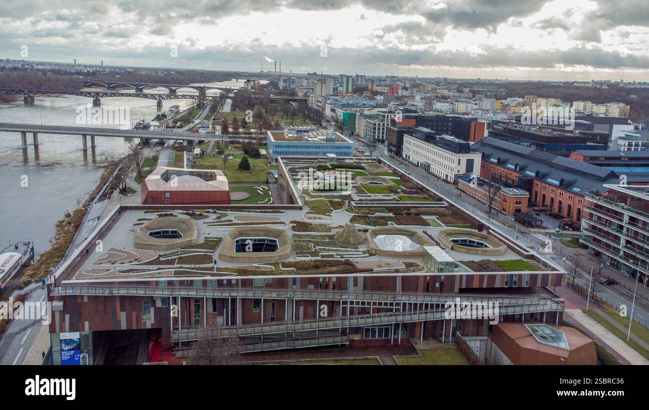 Drone point of view on Riverbank and Vistula river and roof of Centrum ...