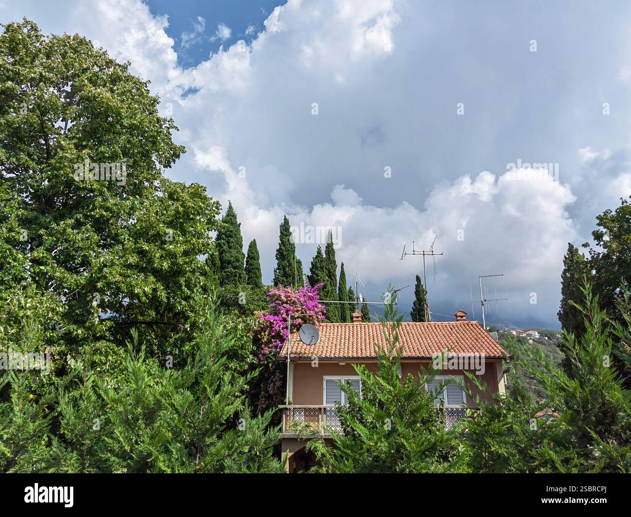 Village house with red tiled roof among trees and flowering bushes ...