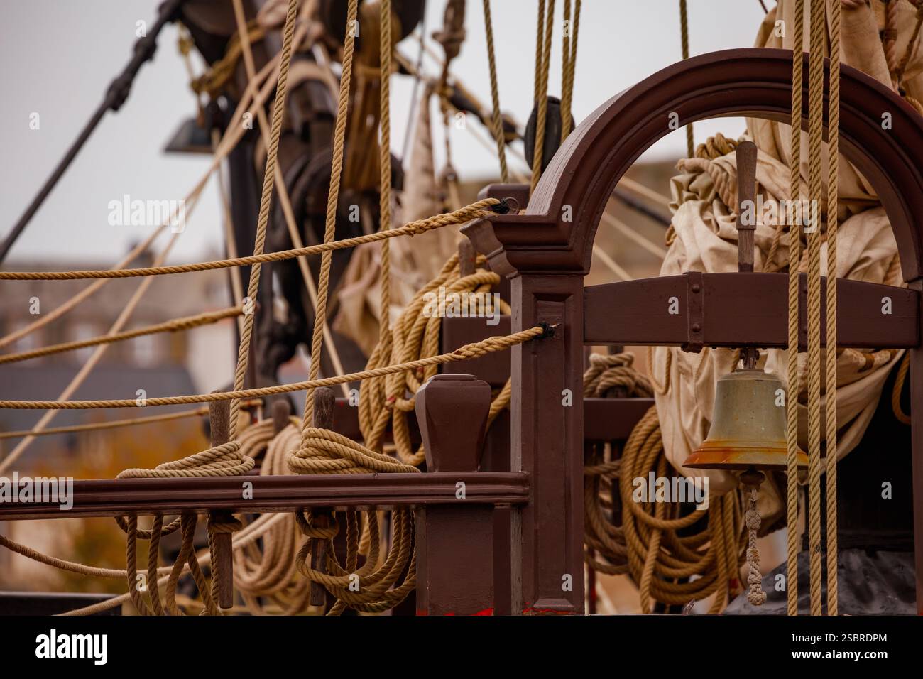 Network of ropes on a ship with the focus on the detailed rigging and ...
