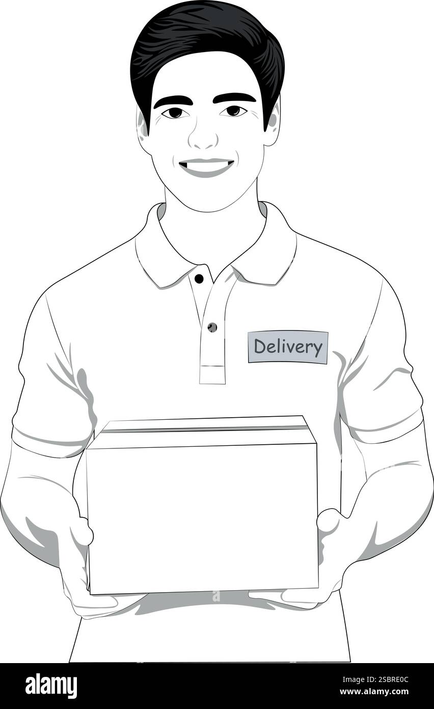 Delivery guy hands over a box, illustration in outline style Stock ...