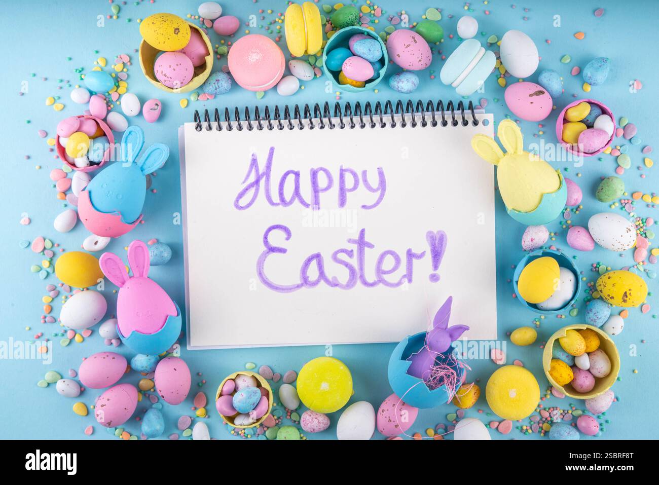 Cute and bright pastel colored Easter eggs and bunny background. Pink ...