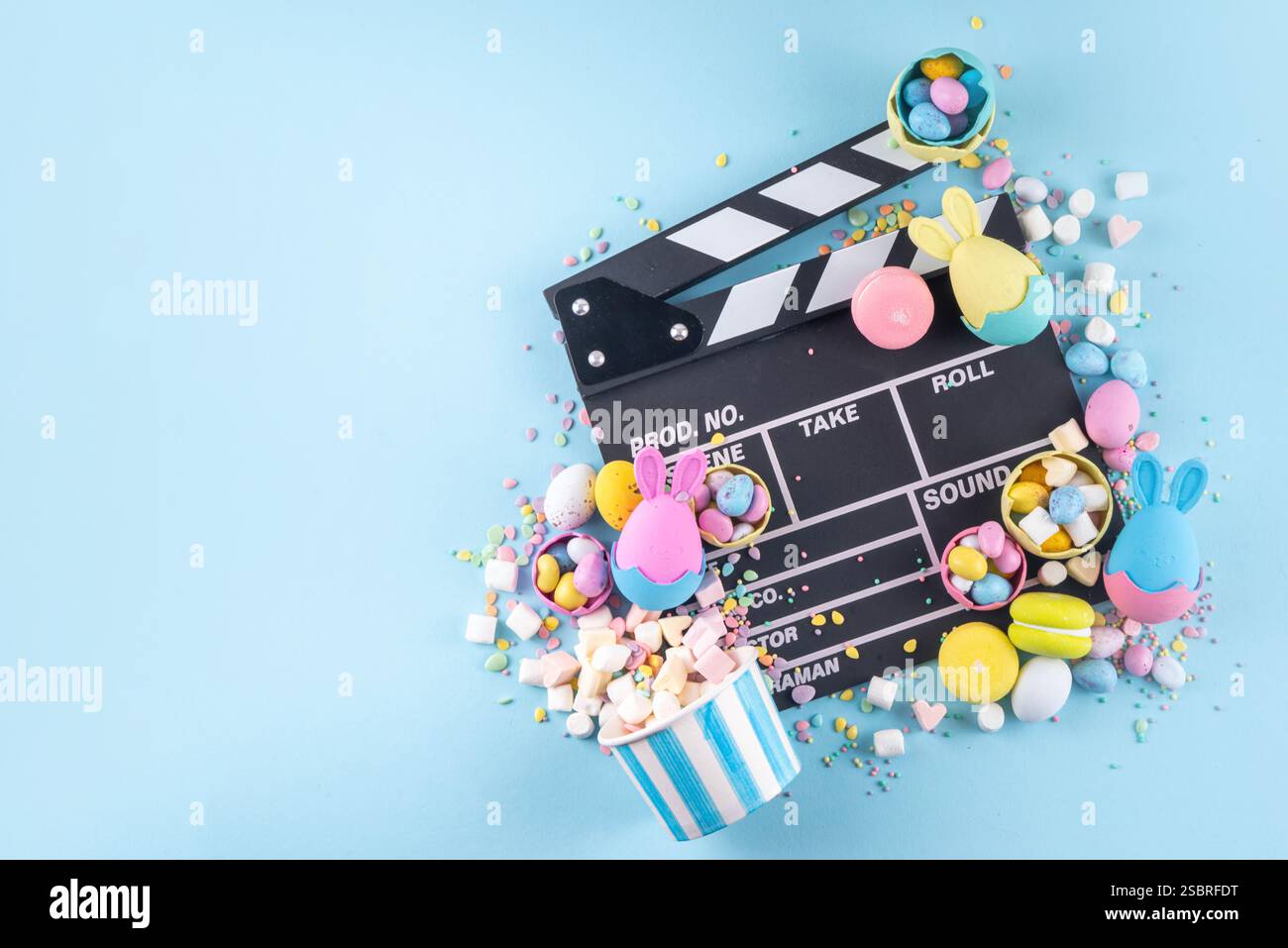 Easter film and movie background. Cinema clapper-board with Easter ...
