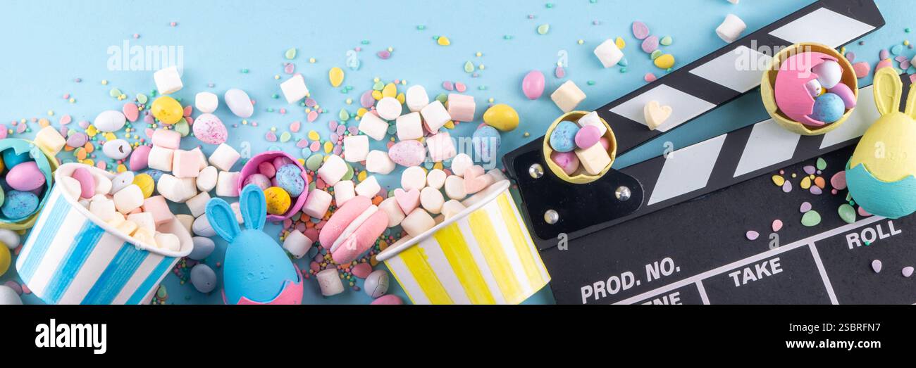 Easter film and movie background. Cinema clapper-board with Easter ...