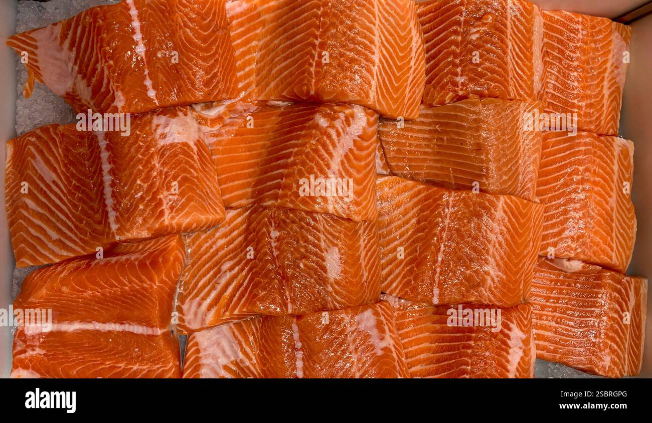 Top view of salmon fish display at market. Seafood concept Stock Photo ...