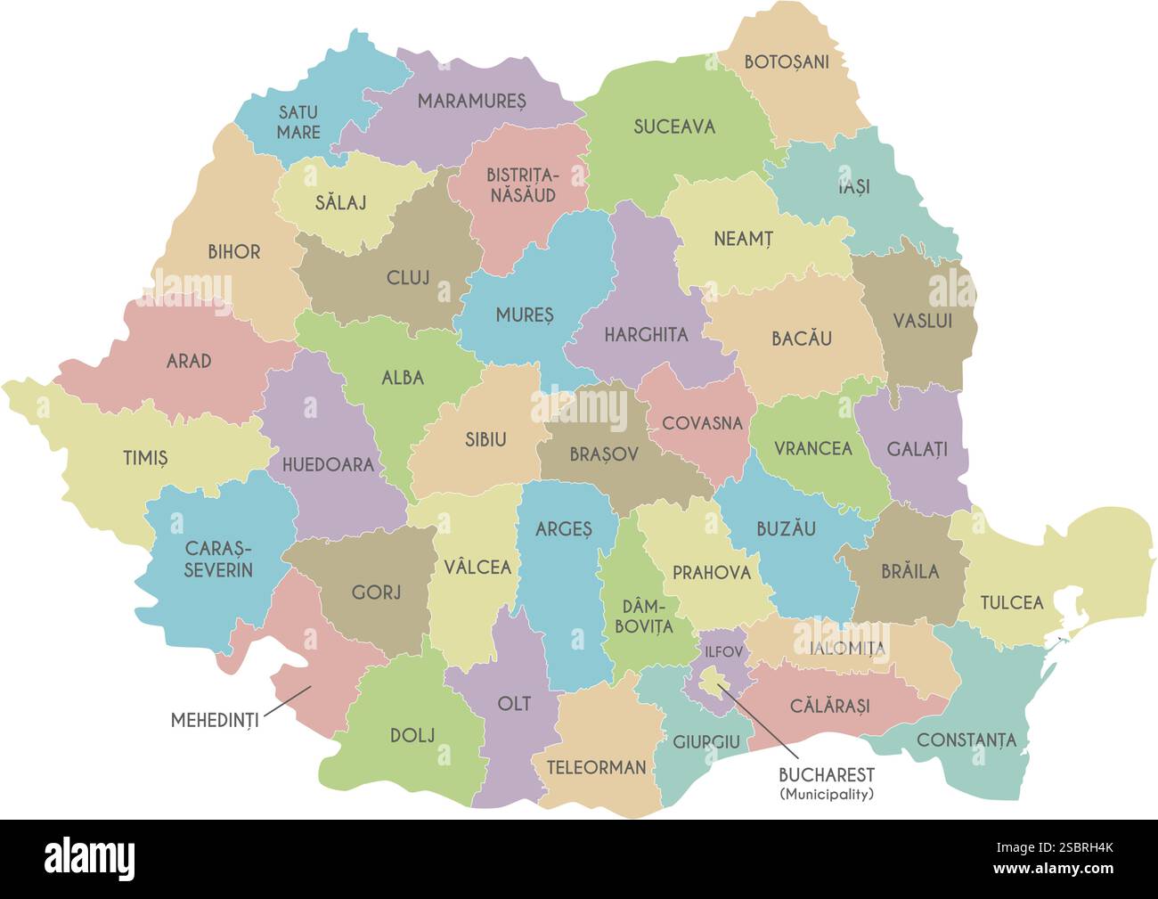 Vector regional map of Romania with counties or territories and administrative divisions ...